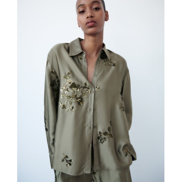 Zara | Tops | Zara Sequin Satin Effect Shirt | Poshmark